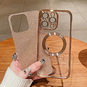 aowner Magnetic Case for iPhone 14 Pro Max Glitter Case, Luxury Plating Cute Bling with Camera Lens Protector, Compatible with MagSafe, Slim Thin for Women Girls Protective Clear Phone Case, Green