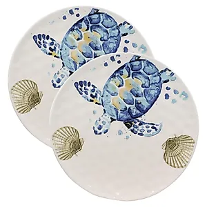 Ebros Nautical Marine Coastal Blue And White Sea Turtle Ceramic Dinnerware For Beach Party Hosting Kitchen And Dining Earthenware Serveware (Round Dinner Plate 11"D, 2)