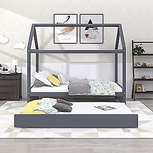Lostcat Twin Size Upholstered House Platform Bed with Trundle,Twin Bunk Bed with Roof Design for Kids, Teens, Girls, Boys,No Box Spring Required,Grey