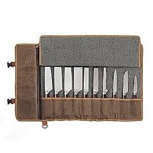 Denifiter Professional Chef's Knife Bag with Anti Cutting Fabric Inside, Heavy Duty 16oz Waxed Canvas Knife Roll, 11 Slots & Durable Handle Adjustable Shoulder Strap (Grey)