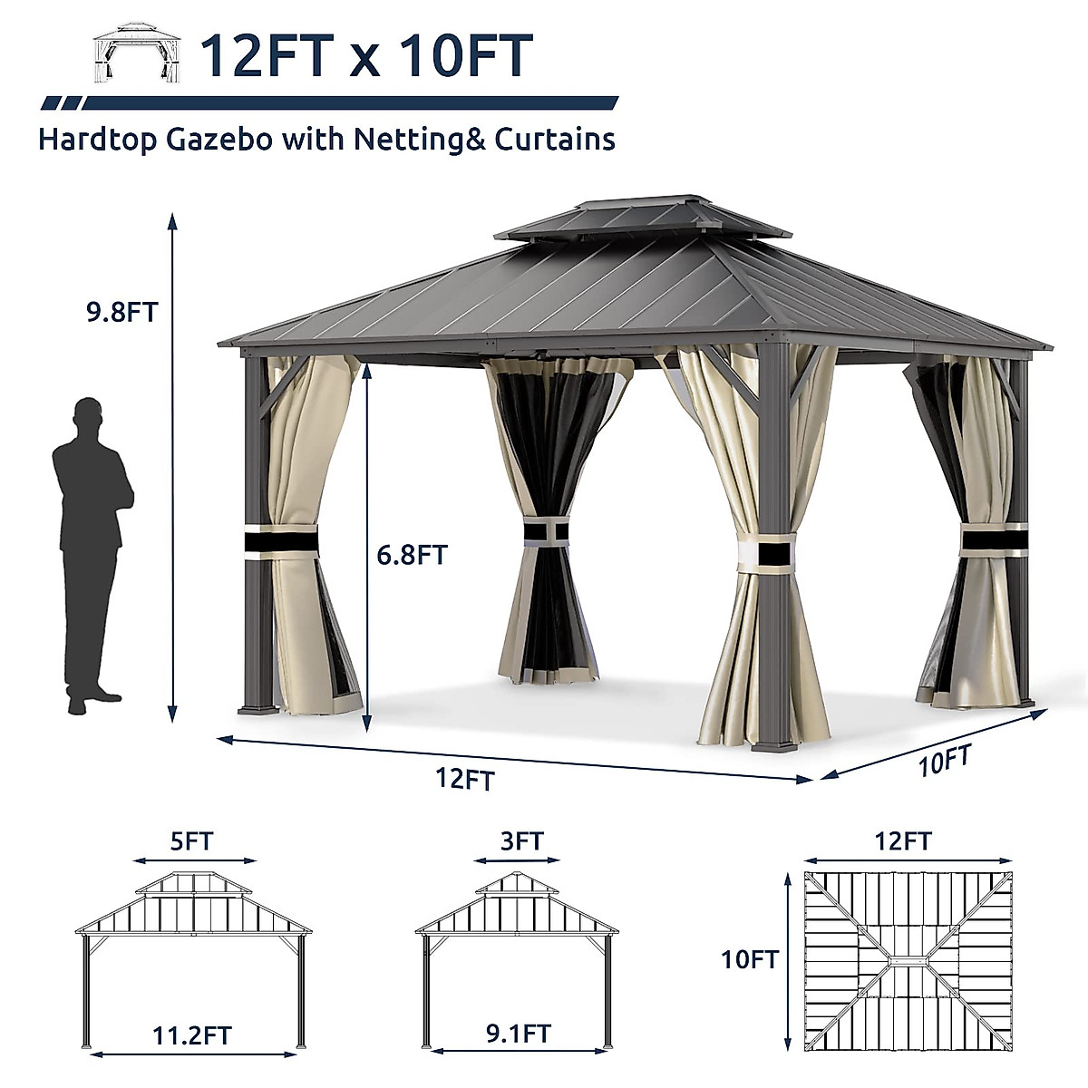 UDPATIO 10' x 12' Hardtop Gazebo, Outdoor Aluminum Gazebo with Galvanized Steel Double Roof, Permanent Metal Canopy with Curtains and Netting for Patio, Garden, Lawn, Backyard, Deck, Beige