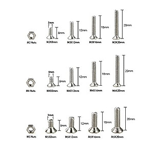 Hilitchi 460-Piece Metric M3 M4 M5 Hex Socket Flat Head Countersunk Bolts Screw Nut Assortment Kit - 304 Stainless Steel