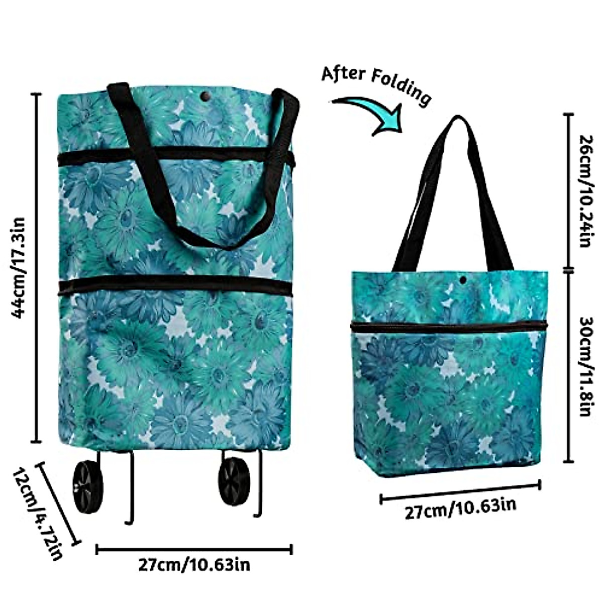 Foldable Shopping Bag with Wheels, Collapsible Portable Trolley Bags, Tote Grocery Bags Shopping Cart