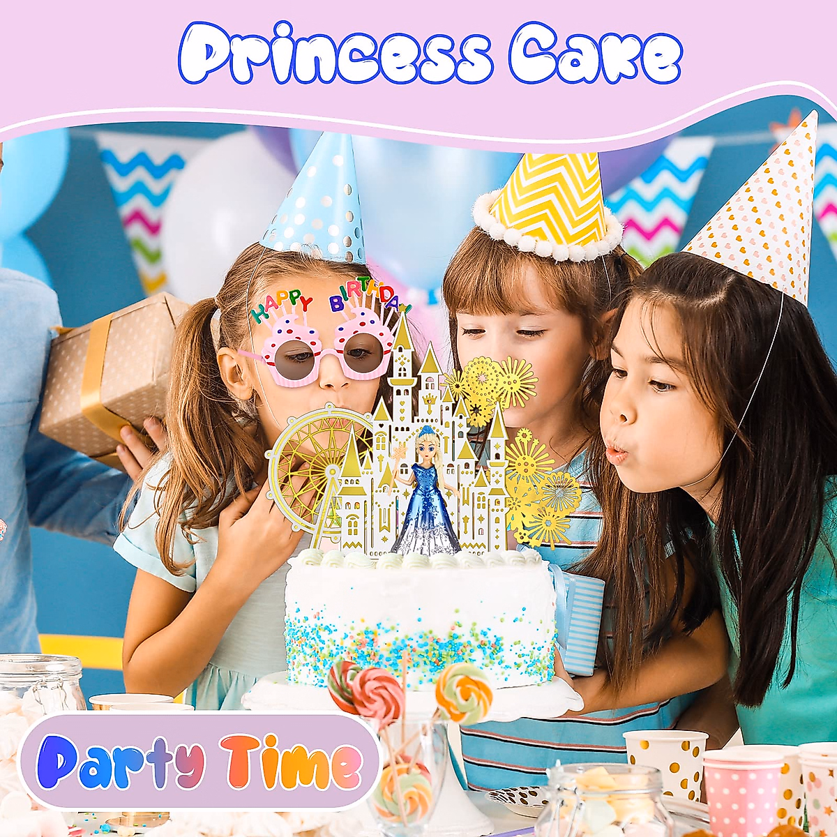 Princess Cake Topper, Includes Happy Birthday Glasses Princess Ornaments 9 Cake Decorations(fireworks, buliding,stars). Cake Decoration For Girl Kid Women Birthday Party and Baby Showers 12PCS
