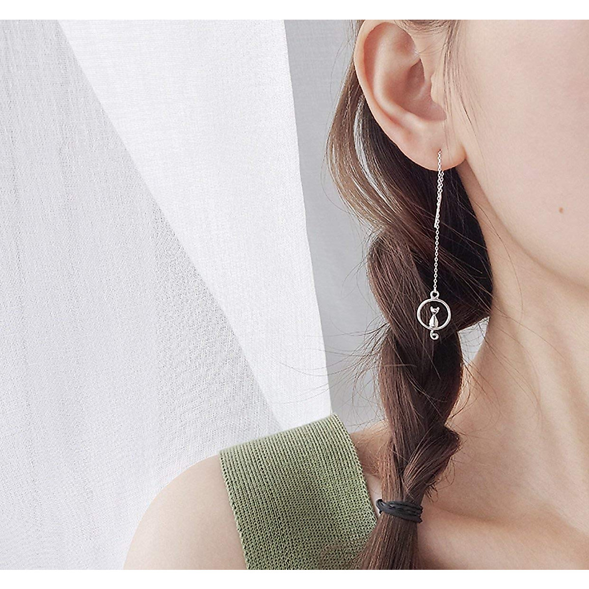 White Gold Plated Long Tassel Chain Sweet Cat on Moon Dangle Drop Threader Earrings for Women