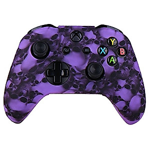 YoRHa Water Transfer Printing Skull Silicone Cover Skin Case for Microsoft Xbox One X & Xbox One S Controller x 1(Purple) with PRO Thumb Grips x 8