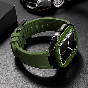 SUPWATCH Stainless Steel Case Rubber Bands Women for Apple Watch Series 8/7 45mm 44mm Accessories, Men Rm Integrated Bracelet Metal Crown Cover Mod Kit for Smart Watches 6/5/4/se (Color : Gold-b, Si