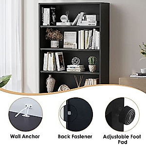 STARY 5 Shelf Bookcase Black Tall Bookshelf for Bedroom 5 Tier Modern Wood Bookshelf 33" Wide 60" Tall