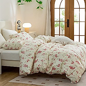 Twin Floral Duvet Cover, 100% Cotton 3 Pieces Twin Floral Bedding Sets for Girls, Red Floral Chic Garden Style Floral Pattern Printed Twin Floral Duvets with Zipper Closure (Floral, Twin)