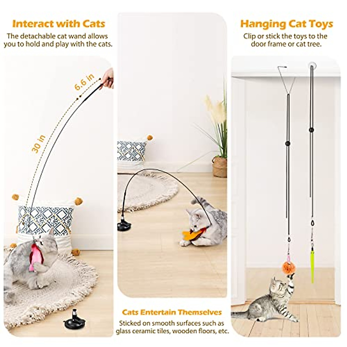 HOSFROLL Cat Toys, 2 Pack 3 in 1 Interactive Cat Toy for Indoor Cats with Sticky Super Suction Cup Detachable 10 Pcs Replacements Feathers Balls Mice 2 Wand Hanging Door Kitten Toys