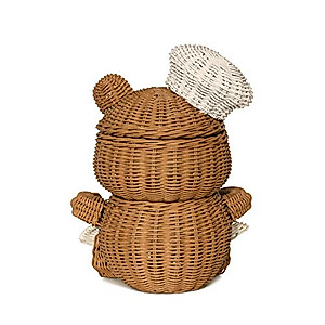 G6 COLLECTION Bear Rattan Storage Basket With Lid Decorative Bin Home Decor Hand Woven Shelf Organizer Cute Handmade Handcrafted Gift Art Decoration Artwork Wicker Bear (Chef Bear)