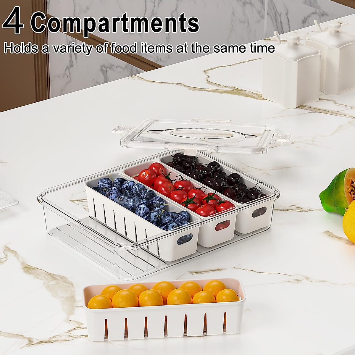 Anyvape Portable Food Storage Container with Lid & Handle,4-Compartment Leak-Proof Tray with Removable Colanders,Fresh-Keeping Organizer for Fruits,Snacks,Meal Prep,Ideal for Refrigerator,Outdoor Use