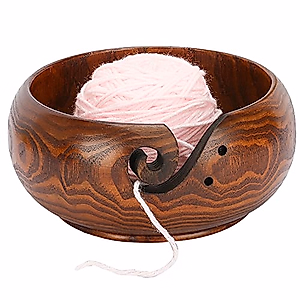 LOOEN Wooden Yarn Bowl Holder Rosewood,Knitting Wool Storage Basket Round with Holes Handmade Craft Crochet Kit Organizer Perfect for Mother's Day(Wine Red)