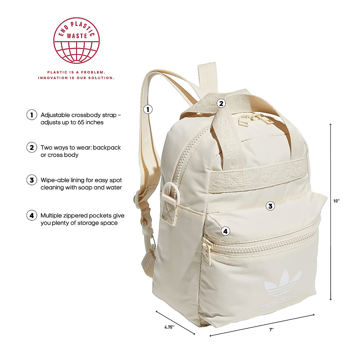adidas Originals Micro Backpack Small Mini Travel Bag, Wonder White/White, One Size