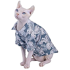 Hairless Cat T-Shirt Breathable Summer Cotton Hawaiian Shirts Short Sleeve Button Closure Turn Down Collar Leaf Print Cat Clothes Vest Apparel for Sphynx, Cornish Rex, Devon Rex, Peterbald (XXL-)