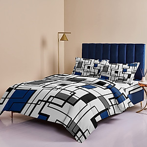 Blue Square Geometric Art Duvet Cover Sets 4 Piece Queen Ultra Soft Bed Quilt Cover Set for Kids/Teens/Women/Men,Modern Gray Abstract Lines White Back Bedding Collection All Season Use