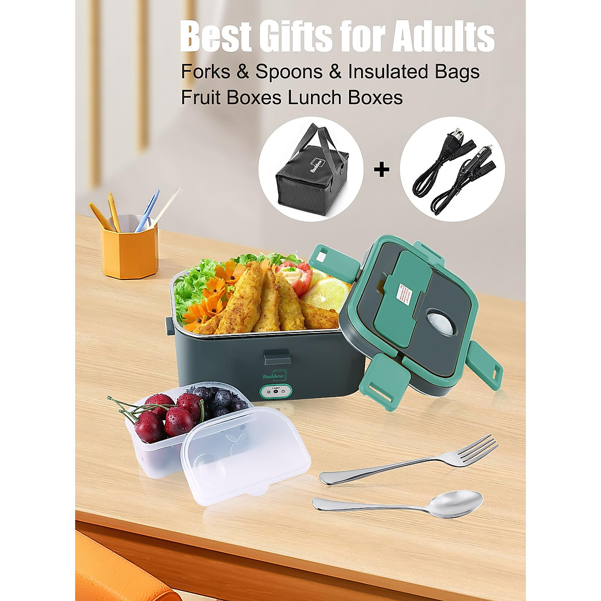 Buddew Electric Lunch Box 80W Food Heater 1.8L Large Capacity Heated Lunch Box 3 in 1 12V/24V/110V Portable Lunch Warmer for Car/Truck/Home/Office with Carry Bag and Fork and Spoon (Gray+Green)