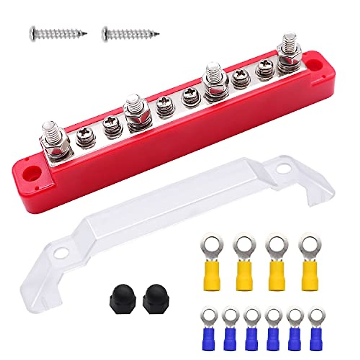 Aienxn Red Battery Bus Bar 4 x M6 Terminal Studs, 6 x M4 Terminal Screws, 12V Power Distribution Block with Ring Terminals for Car, RV, Boat, Marine Q-O-038-10-B-R