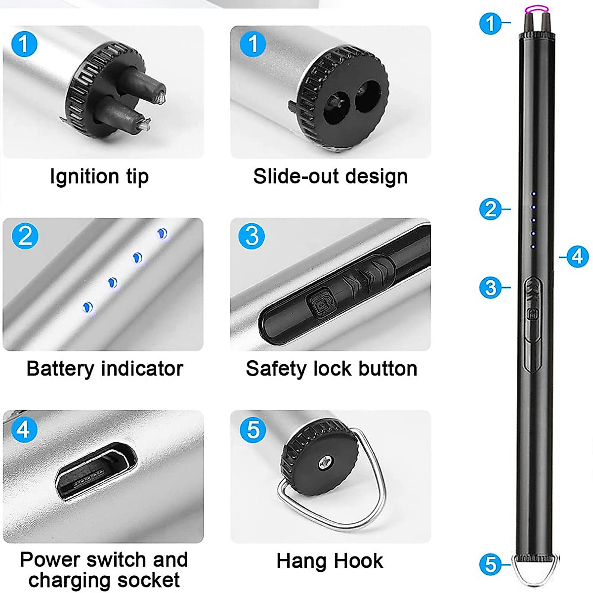 AAA Lighter Electric Lighter Candle Lighter USB Lighter with Upgraded LED Battery Display Safety Switch for Kitchen Candle Cooking BBQs Fireworks Rechargeable Flameless Plasma Windproof Pocket Size