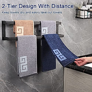 NearMoon Bathroom Towel Bar, Towel Rod Holder, Square Shelf Rack Hanging Towel for Bath, Thicken SUS304 Stainless Steel Towel Rack Wall Mounted-2-Tier Bathroom Accessories (24 Inch, Matte Black)