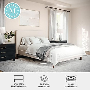 Martha Stewart Britta Platform Bed with Headboard & Footboard, Faux Linen Upholstery with Piping Detail, Rounded Headboard, No Box Spring Needed, Full, Beige