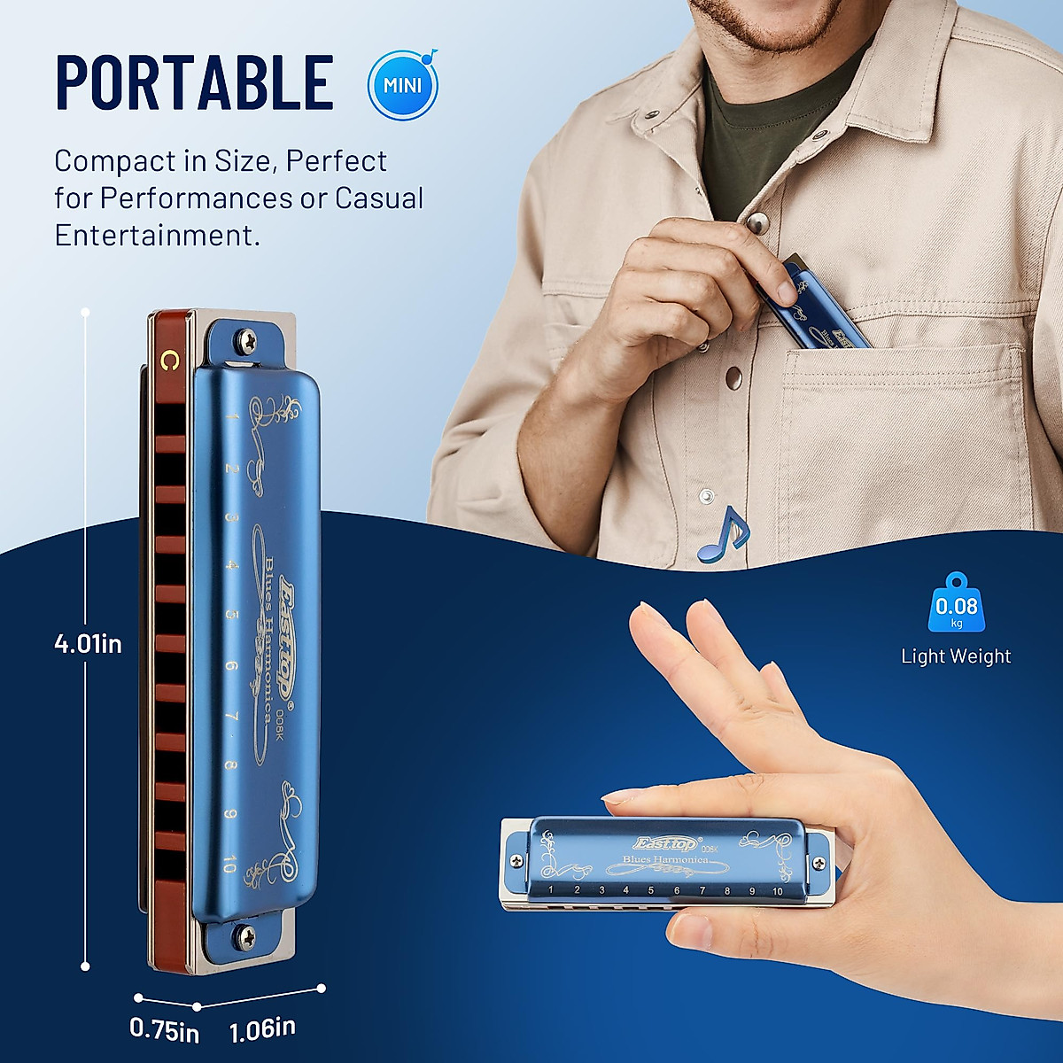 East top Diatonic Harmonica Key of Db, 10 Holes 20 Tones Diatonic Blues Harp Mouth Organ 008K Harmonica with Blue Case, Standard Harmonica For Adults, Professionals and Students