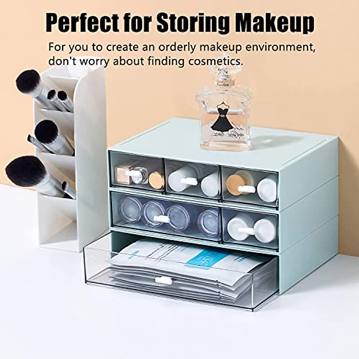 RHBLME Desk Organizer with 6 Drawers, Makeup Organizer, Plastic Makeup Storage, Cosmetic Storage Organizer, Detachable Desk Storage Box, Bathroom Organization Boxes, Desktop Storage Box, Blue