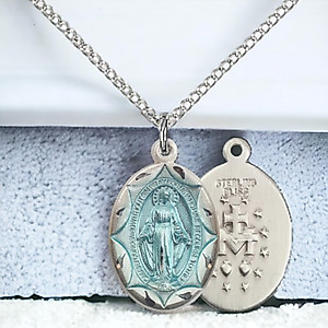 Heartland Store Women's Oval Blue Enamel Miraculous Medal with 18" Sterling Silver Chain