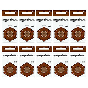 Amazon Basics 1.45 Volt Hearing Aid Batteries, Brown Tab - Pack of 60, Size 312 - Improved Performance