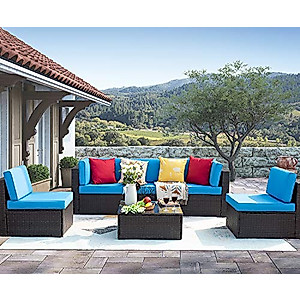 Homall 6 Pieces Patio Outdoor Furniture Sets, Low Back All Weather Rattan Sectional Sofa Manual Weaving Wicker Conversation Set with Coffee Table and Washable Couch Cushions (Blue)