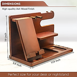 Wood Phone Docking Station Gifts for Men Him Husband Dad Boyfriend - Stylish Nightstand Organizer for Men Wooden Bedside Watch Stand Wallet Desk Organizer (Brown)