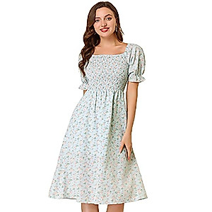 Allegra K Women's Square Neck Puff Sleeves Casual Midi Smocked Floral Dress X-Small Blue