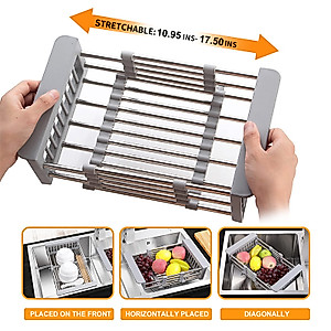 MSAAEX Expandable Dish Drying Rack, Over Sink Dish Drying Rack , Draining Dishes & Fruit Drain- Rustproof Stainless Steel for Kitchen, Rugged Sink Drain Rack (Gray)