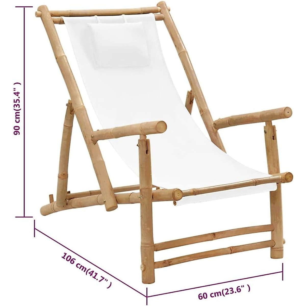vidaXL Cream White Adjustable Deck Chair - Bamboo and Durable Canvas Material - Foldable Design for Easy Storage - Ideal for Garden, Patio, and Terrace