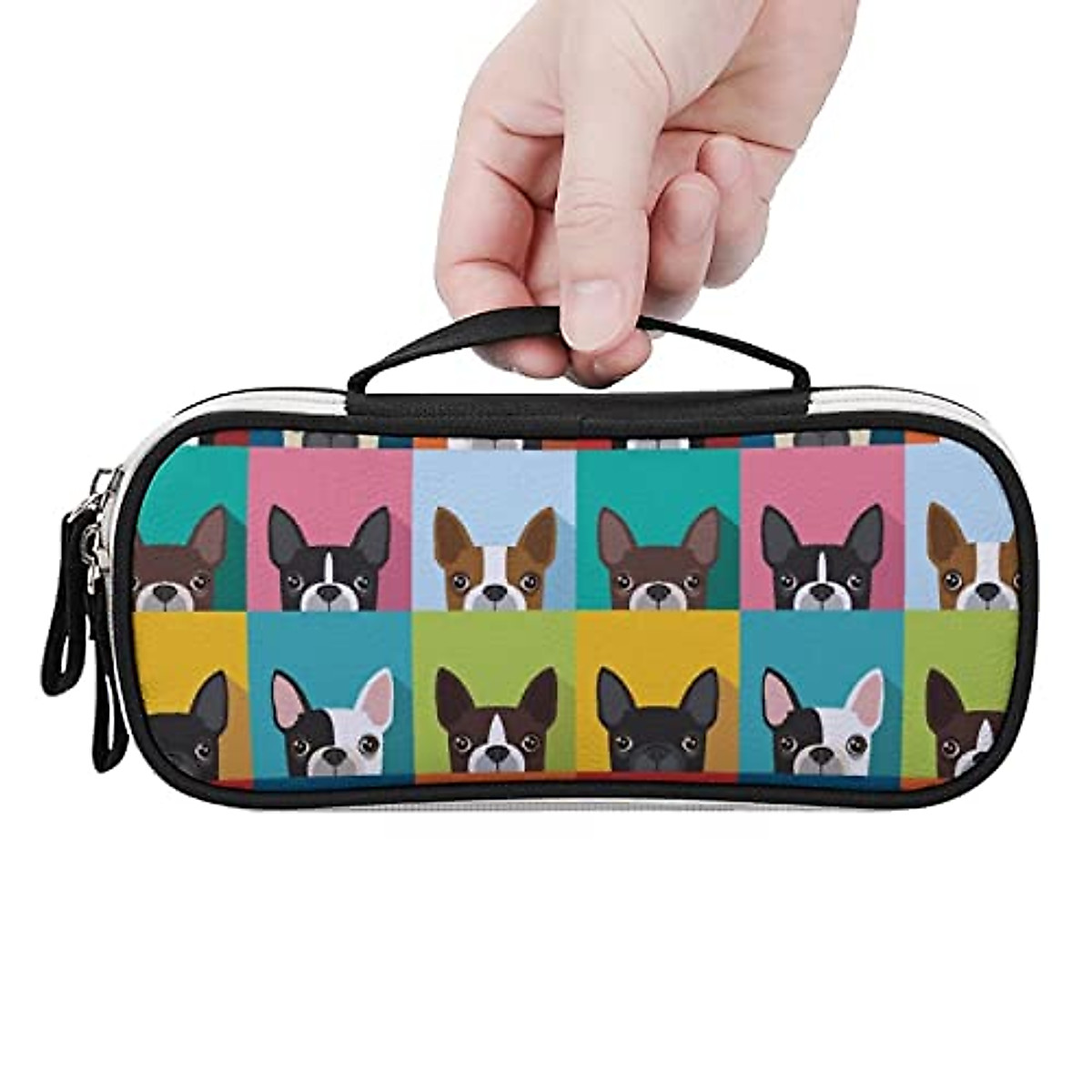 Boston Terrier Pattern PU Leather Pen Pencil Bag Organizer Portable Makeup Carry Case Storage Handbag