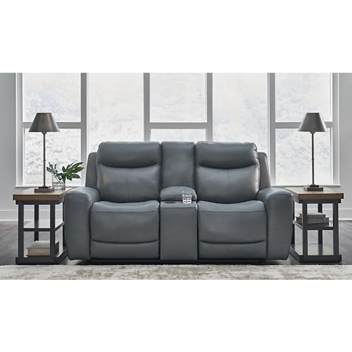 Signature Design by Ashley Mindanao Modern Leather Match Upholstered Power Reclining Loveseat with Console, USB Ports and Cup Holders, Gray