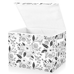Black Grey Floral Flowers on White Storage Basket Bin with Lid, Foldable Bucket Box Closet Organizer Laundry Hamper for Home Office 16.5x12.6x11.8 in