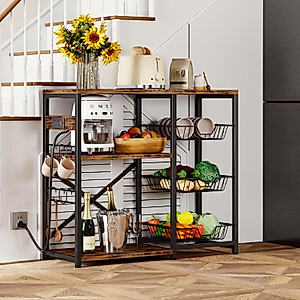 Homeiju Kitchen Island, Baker's Rack with Power Outlet, Microwave Stand, Coffee Bar with 3 Removable Wire Baskets, Kitchen Storage Rack with 6 S-Hooks for Spices, Pots and Pans - Rustic Brown
