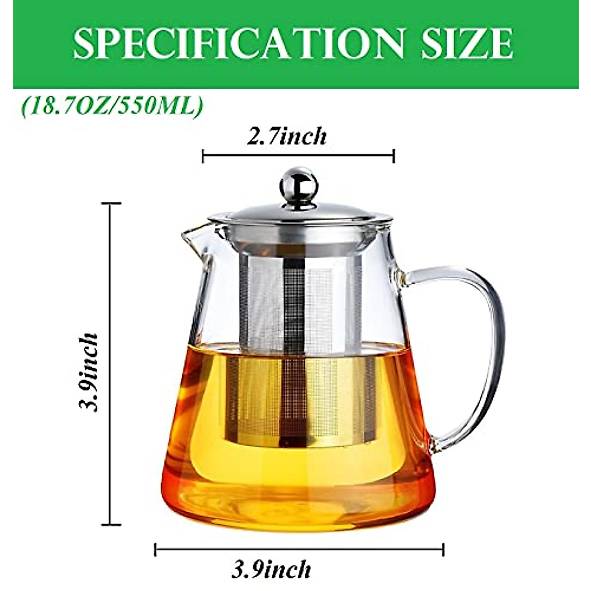 Mini Size Glass Teapot Tea Kettle-with Stainless Steel Removable Infuser for Blooming Tea & Loose Leaf Tea, Microwave & Stovetop Safe, 550ML/18oz (S-550)
