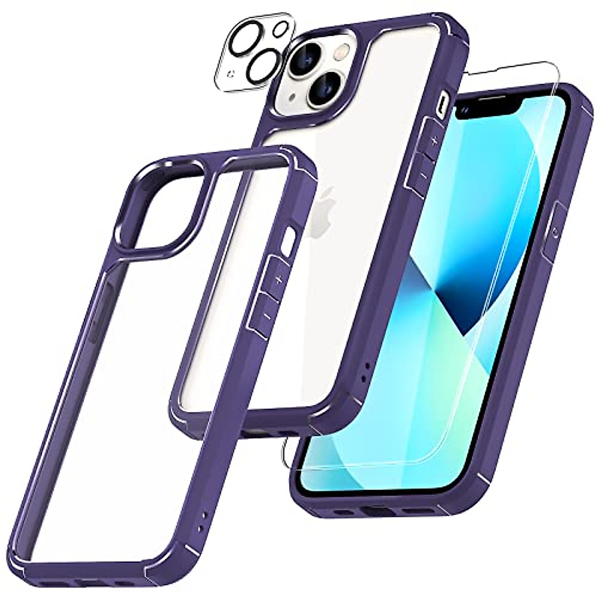 TAURI [5 in 1 Defender Designed for iPhone 13 Case 6.1 Inch, with 2 Pack Tempered Glass Screen Protector + 2 Pack Camera Lens Protector [Military Grade Protection] Shockproof Slim Thin-Dark Purple