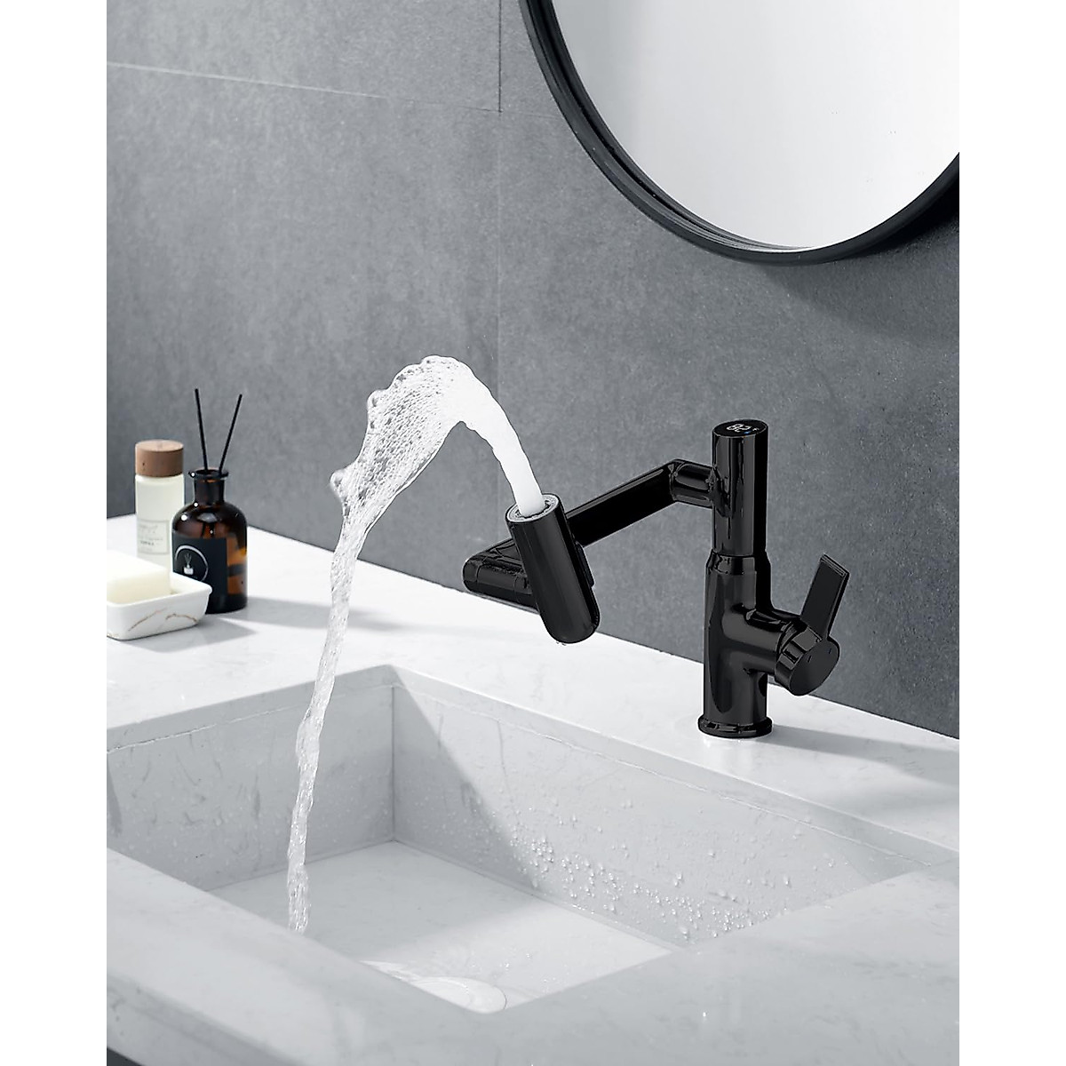 Lefton Rotatable Bathroom Faucet with Temperature Display in Fahrenheit (Batteries-Free), 3 Water Outlet Modes, Matte Black, BF2204-3