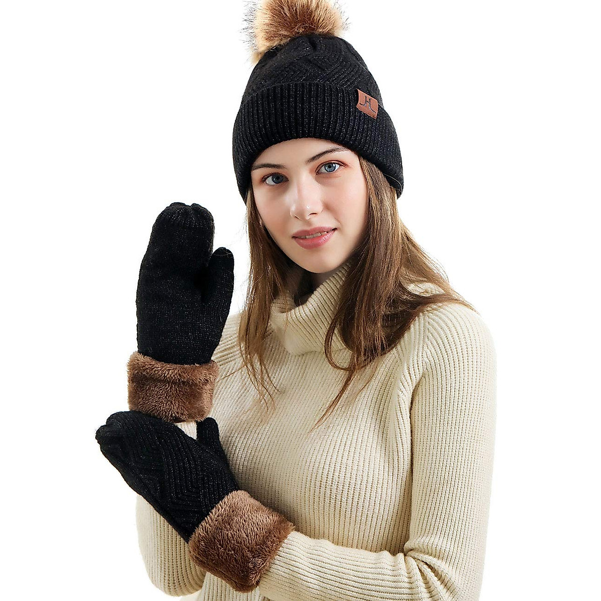 Thick Snow Hat-and-Mittens Set for-Women Black, Warm Faux Fur Pom Pom Beanie-with-Gloves Cute Pompom Ladies Winter Caps