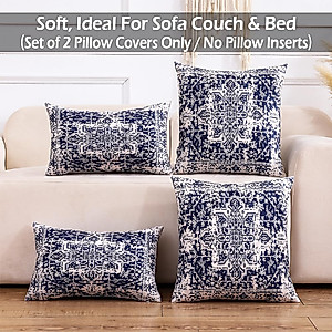 CARRIE HOME Navy Blue and White Farmhouse Decorative Throw Pillow Covers 18x18 Set of 2 Blue Boho Velvet Decorative Pillows 18 x 18 Soft Boho Room Decor for Couch Sofa and Bed