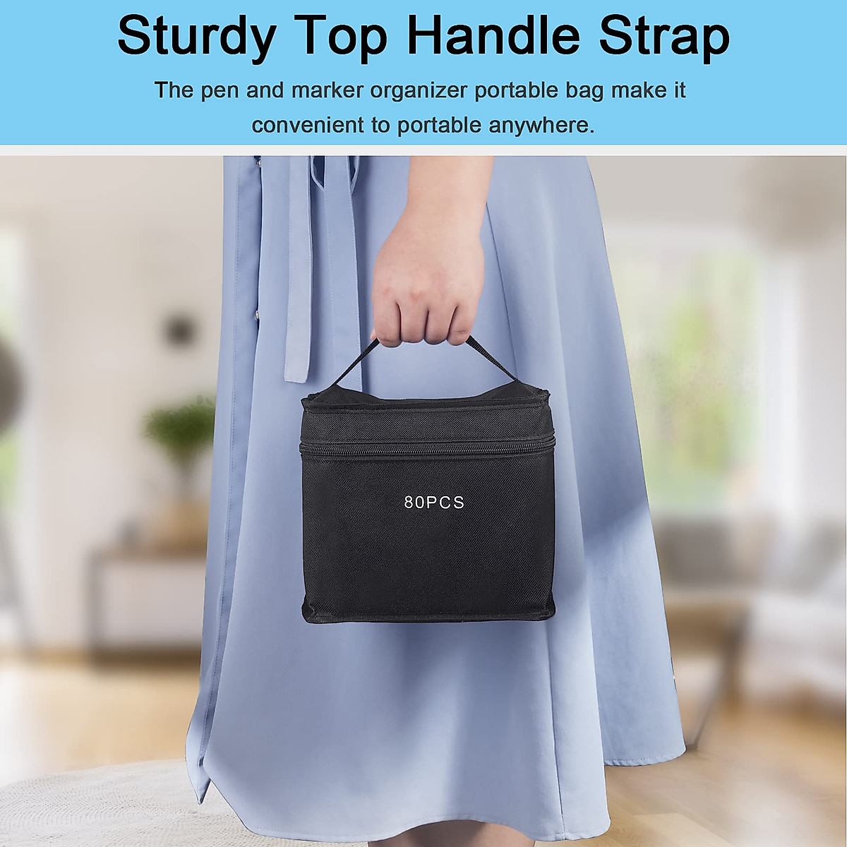 chfine Marker Case, Canvas Zippered Pen Bag Pencil Organizer for 80 Pcs Markers, Soft Stationary Storage Portable Large Capacity Organizer for School Students Teen Boys Girls, Black