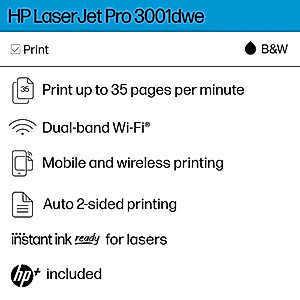 HP LaserJet Pro 3001dwe Wireless Black & White Monochrome Printer with HP+ Smart Office Features