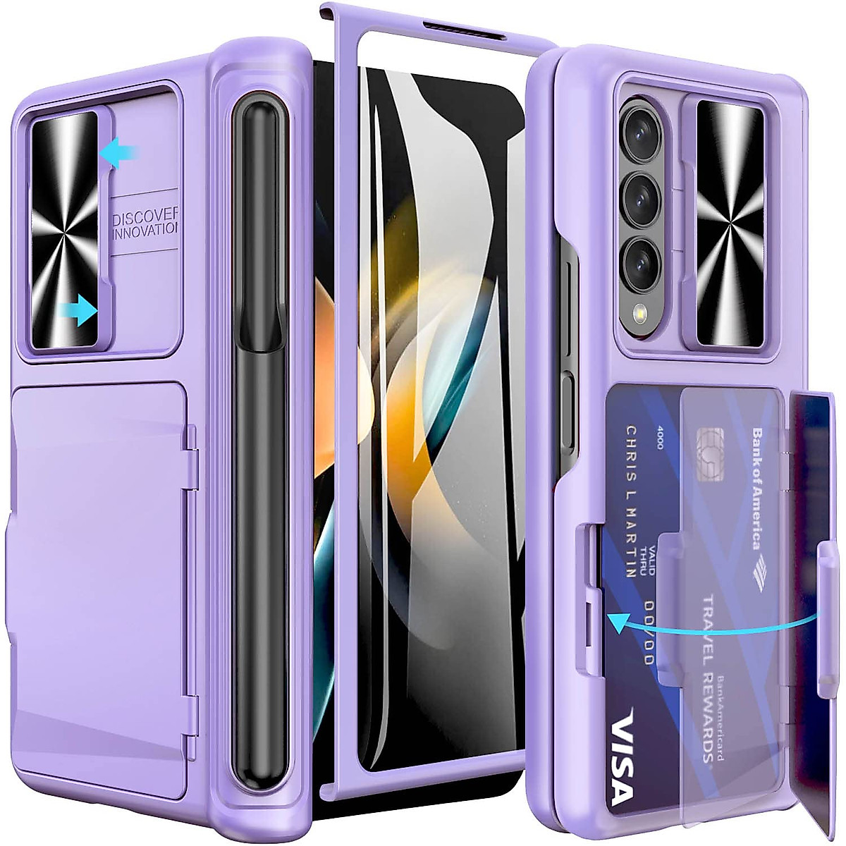 Vihibii for Galaxy Z Fold 4 Case with Card Holder & Sliding Camera Cover, S Pen Holder & Screen Protector & Magnetic Hinge Protection & Kickstand, Hard PC Phone Case for Samsung Z Fold 4 (Purple)