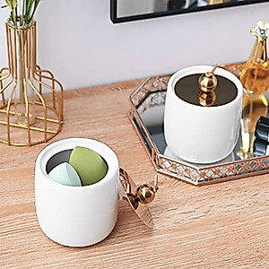 2 Pack Ceramic Qtip Holder Dispenser with Gold Lids, White Apothecary Jars Bathroom Vanity Organizer - Bathroom Canister for Cotton Swabs, Rounds, Balls, Makeup Sponges, Bath Salts
