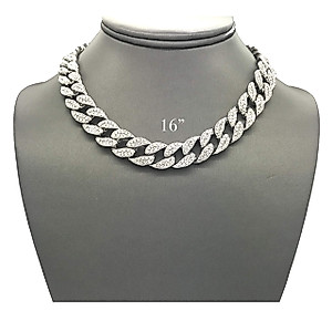 Shiny Jewelers USA Mens Iced Out Hip Hop Silver tone CZ Miami Cuban Link Chain Choker Necklace (16")