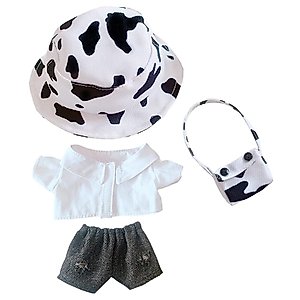 niannyyhouse Cow Clothes Suit 20cm(7.8in) Plush Doll Clothes Fisherman's Hat Denim Shorts White Shirt Doll Dressup(White)