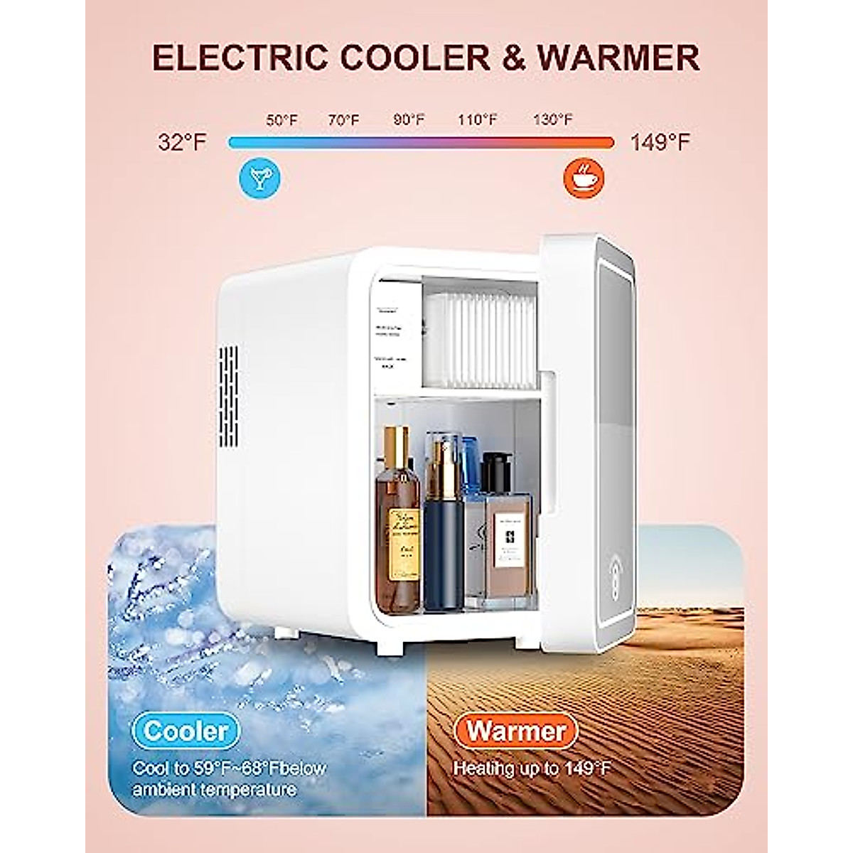 Skincare Fridge - Makeup Fridge With Dimmable LED Light Mirror, 4L Mini Fridge for Bedroom, Car, Office & Dorm, Cooler & Warmer, Portable Small Refrigerator for Cosmetics, Skin Care and Food, White